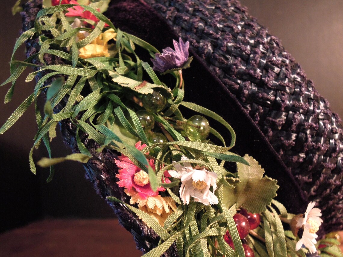 Vintage Straw Hat / Navy Blue Chanda Hat Velvet Trim and Flowers ...