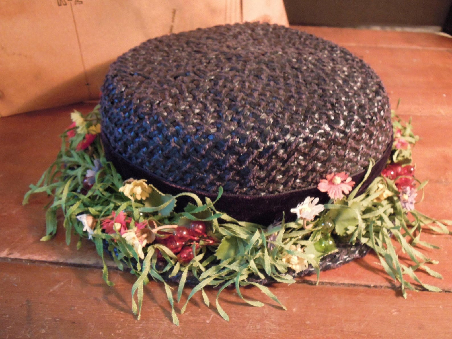 Vintage Straw Hat / Navy Blue Chanda Hat Velvet Trim and Flowers ...