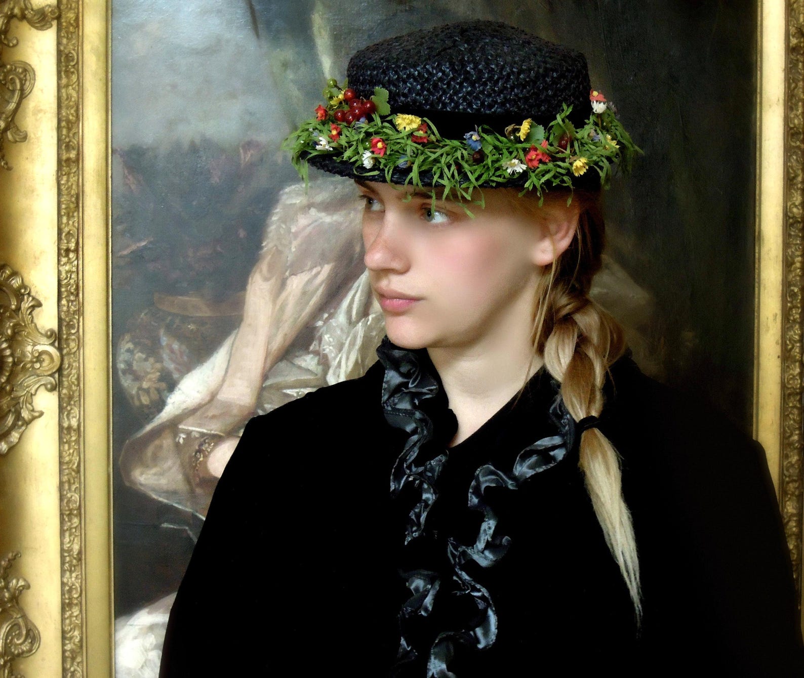 Vintage Straw Hat / Navy Blue Chanda Hat Velvet Trim and Flowers ...