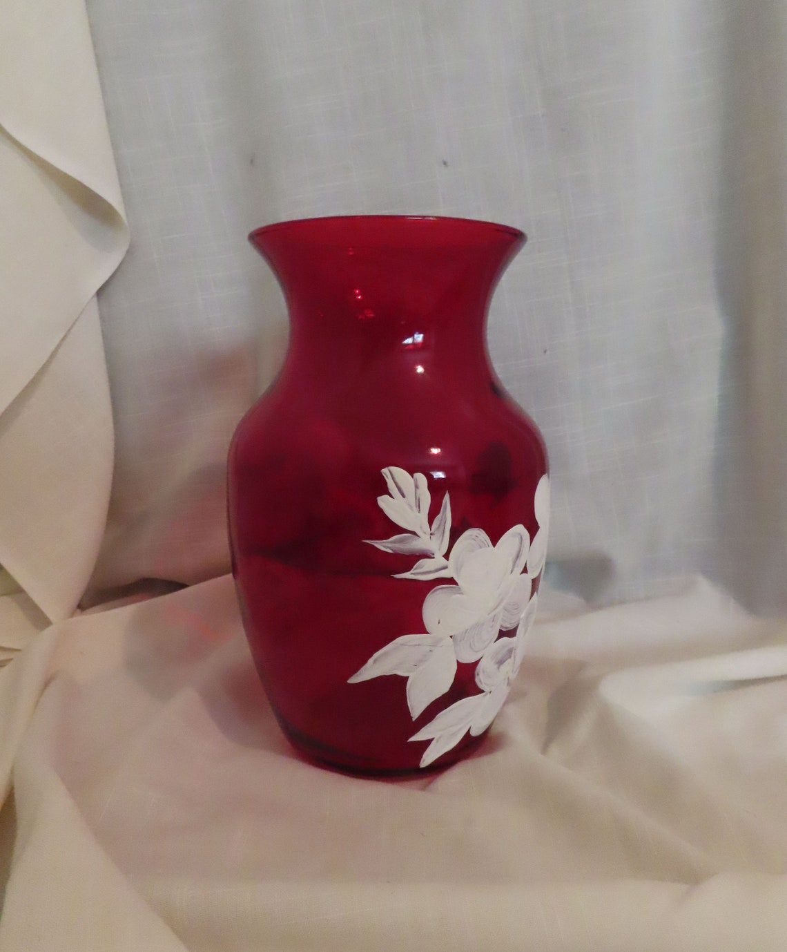 SALE Vintage Hand Painted Ruby Stain Vase Flowers and Moth Butterfly ...