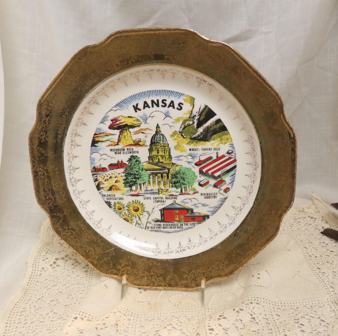 Vintage Kansas Multiview Souvenir Plate Gold Brocade Border Crest-o ...