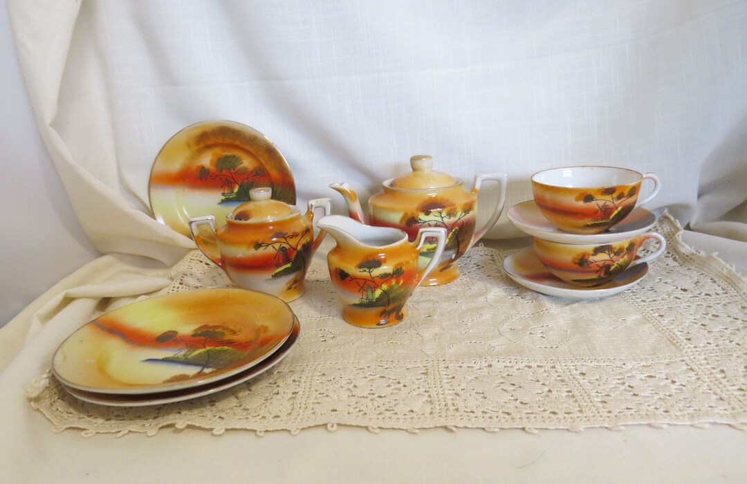 Antique Child's Tea Set Hand Painted Windmill Design Gold Gilt Trim - Etsy