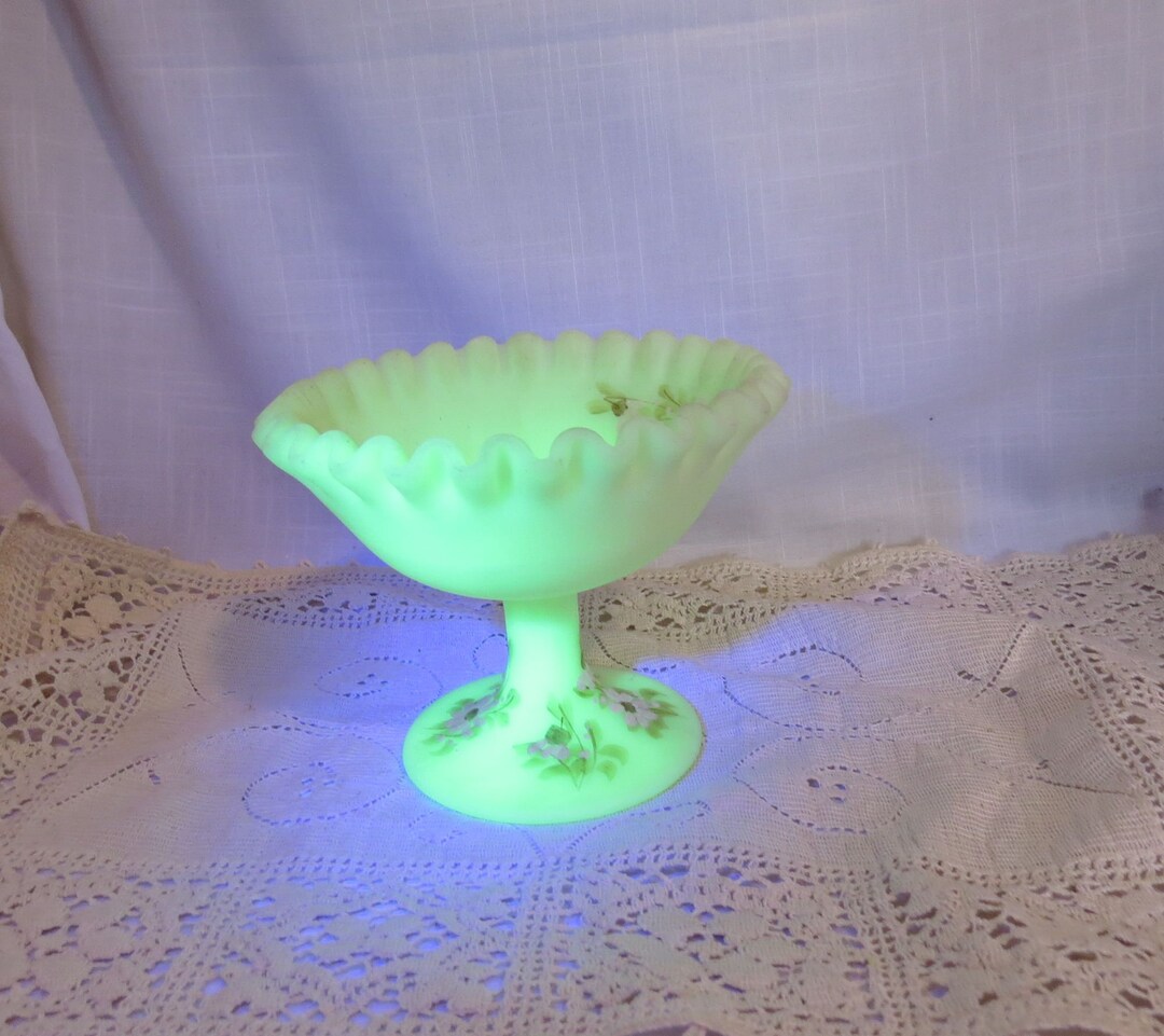 SALE Vintage Fenton Compote Ruffled Edge Uranium Glass Signed J. Brown ...
