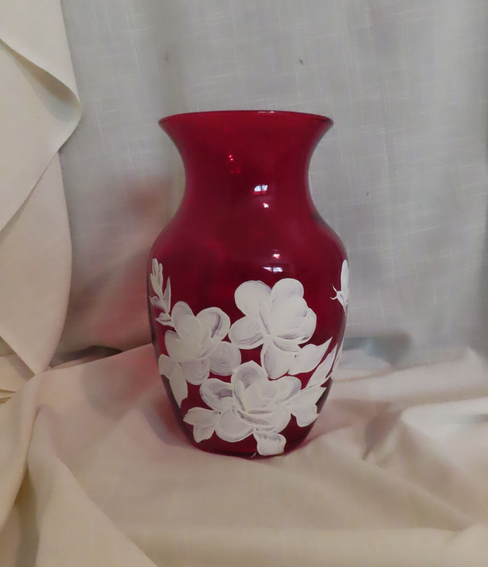 SALE Vintage Hand Painted Ruby Stain Vase Flowers and Moth Butterfly ...