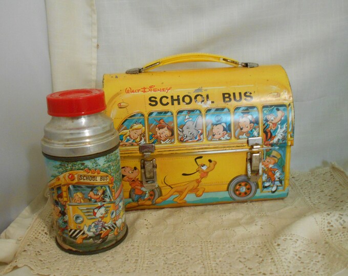Vintage Walt Disney School Bus Metal Domed Lunch Box With Thermos ...