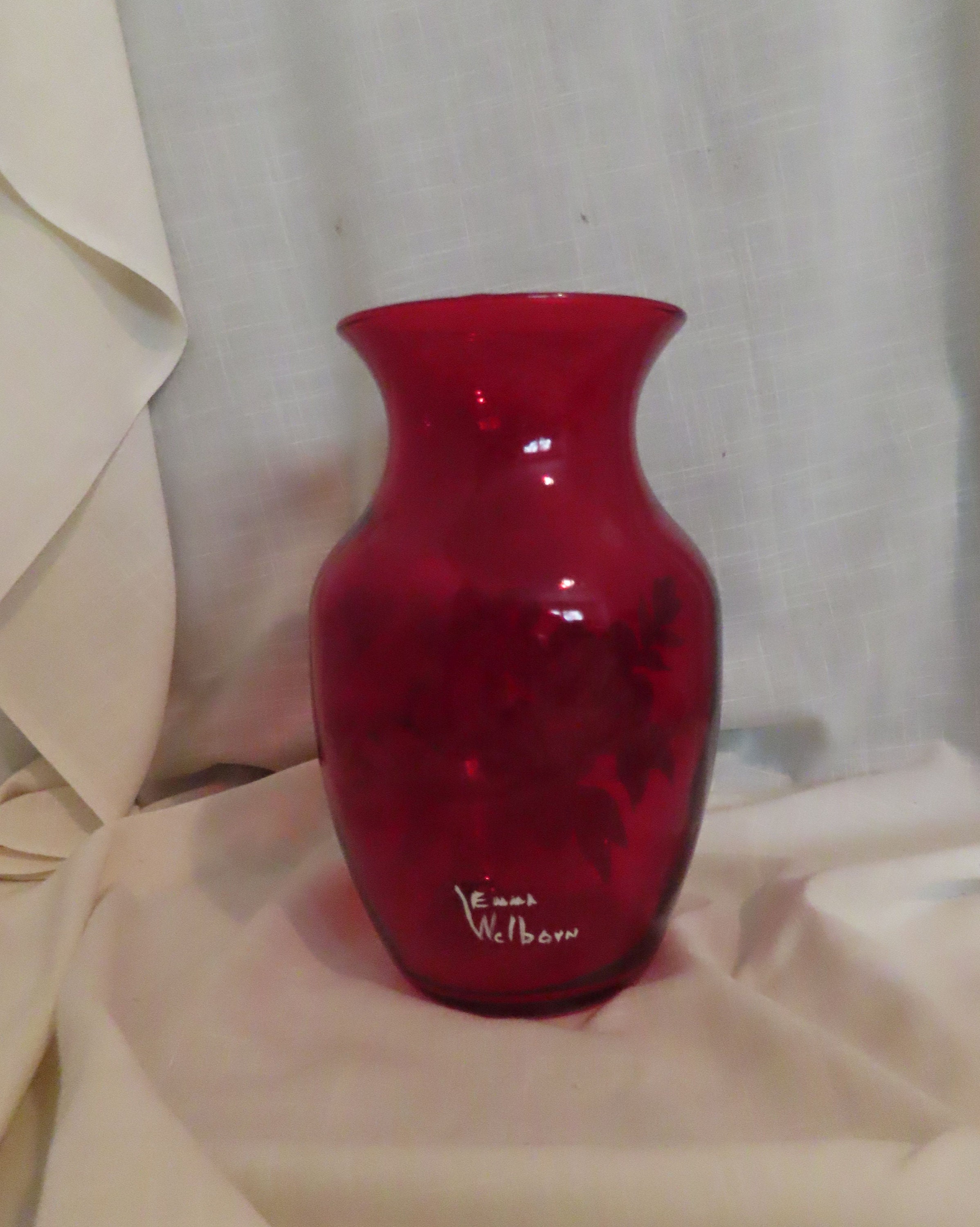 SALE Vintage Hand Painted Ruby Stain Vase Flowers and Moth Butterfly ...