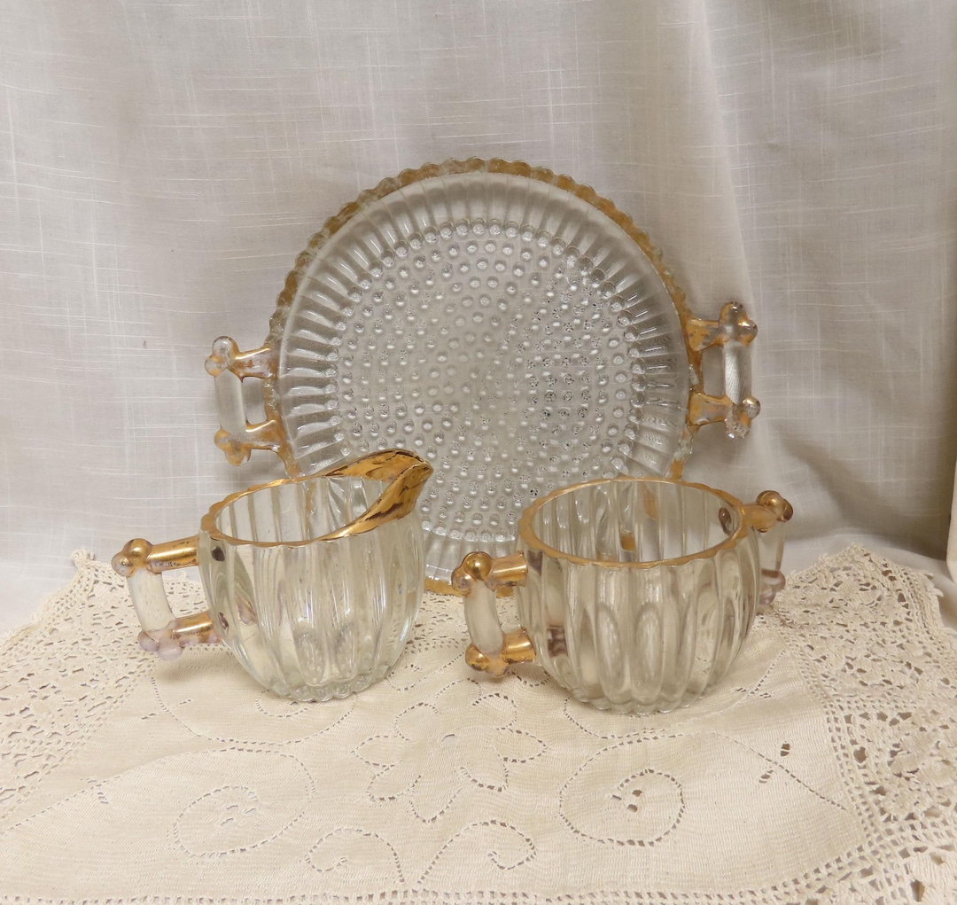 Vintage Jeannette Glass Sugar Bowl Creamer Tray Set Gold Gilt Trim ...