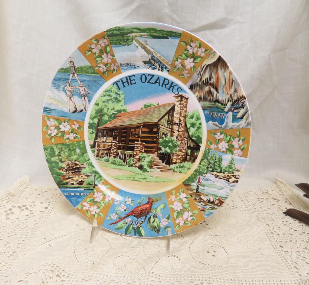 Vintage Ozarks Souvenir Multiview Plate Log Cabin Bagnell Dam Caves ...