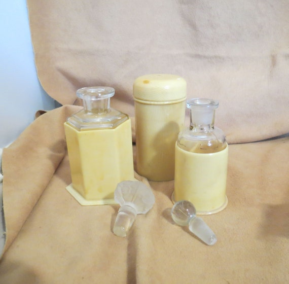 Antique Celluloid Vanity Set Perfume Bottles Talcum P… - Gem