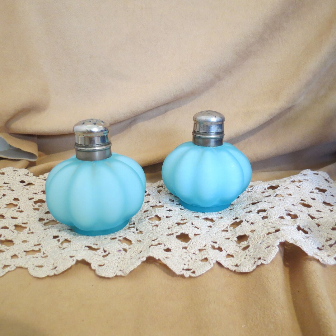 Antique Melon Shaped Blue Satin Glass Salt and Pepper Shakers Frosted ...