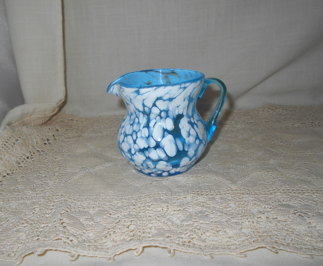Vintage Hand Blown Blue Splatter Glass Creamer Small Pitcher Applied ...