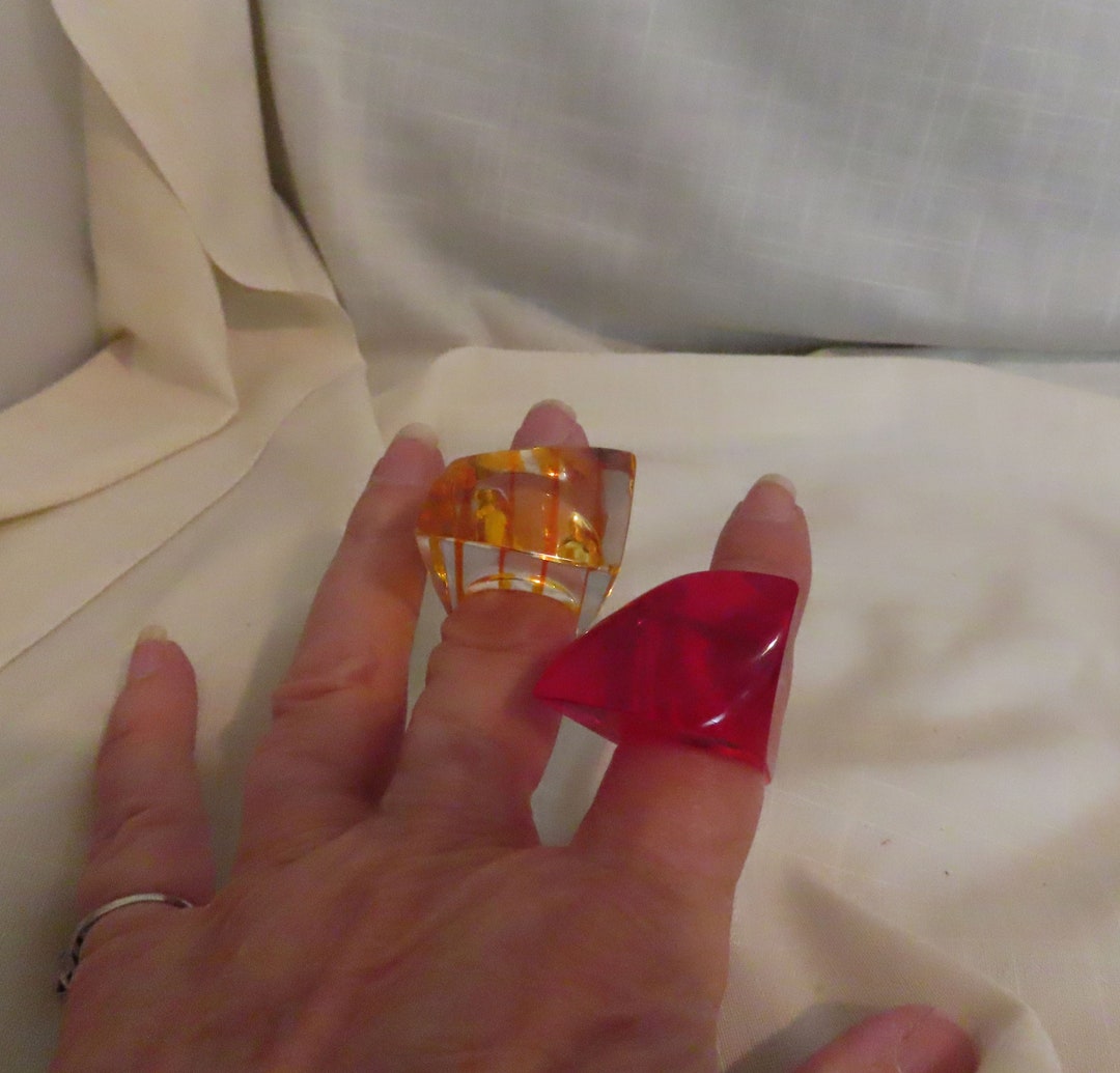 Vintage Pair of Abstract Lucite Rings Red Orange Stiped Rings - Etsy
