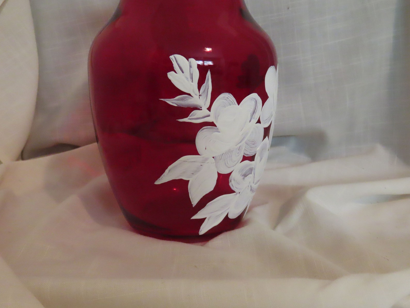 SALE Vintage Hand Painted Ruby Stain Vase Flowers and Moth Butterfly ...