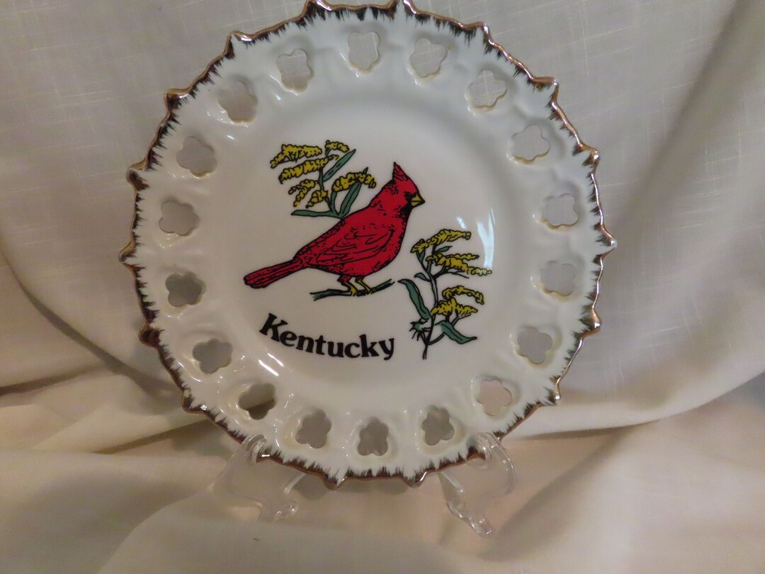 Vintage Kentucky Souvenir Plate Reticulated Rim Cardinal Golden Rod ...