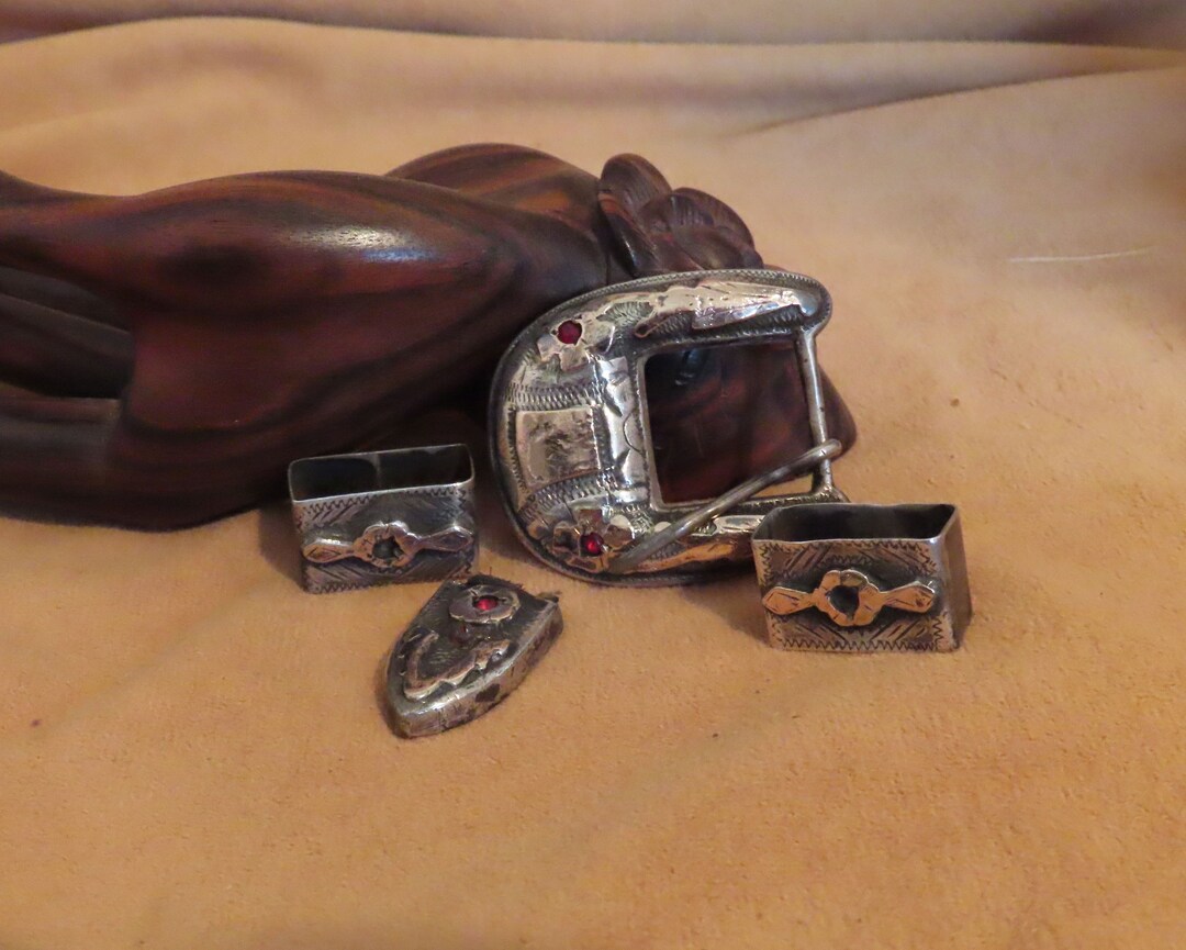 Vintage Sterling Silver Ranger Buckle Set 4 Piece Set Gold Inlay ...