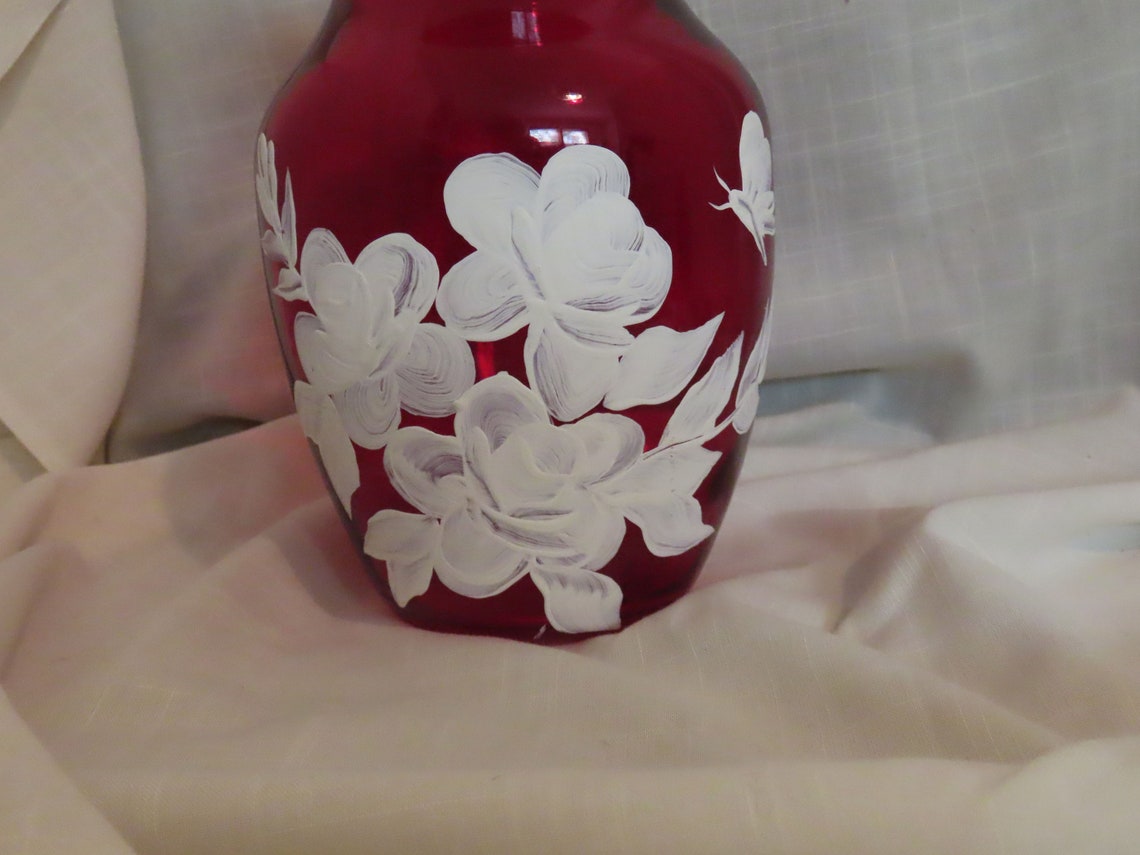 SALE Vintage Hand Painted Ruby Stain Vase Flowers and Moth Butterfly ...