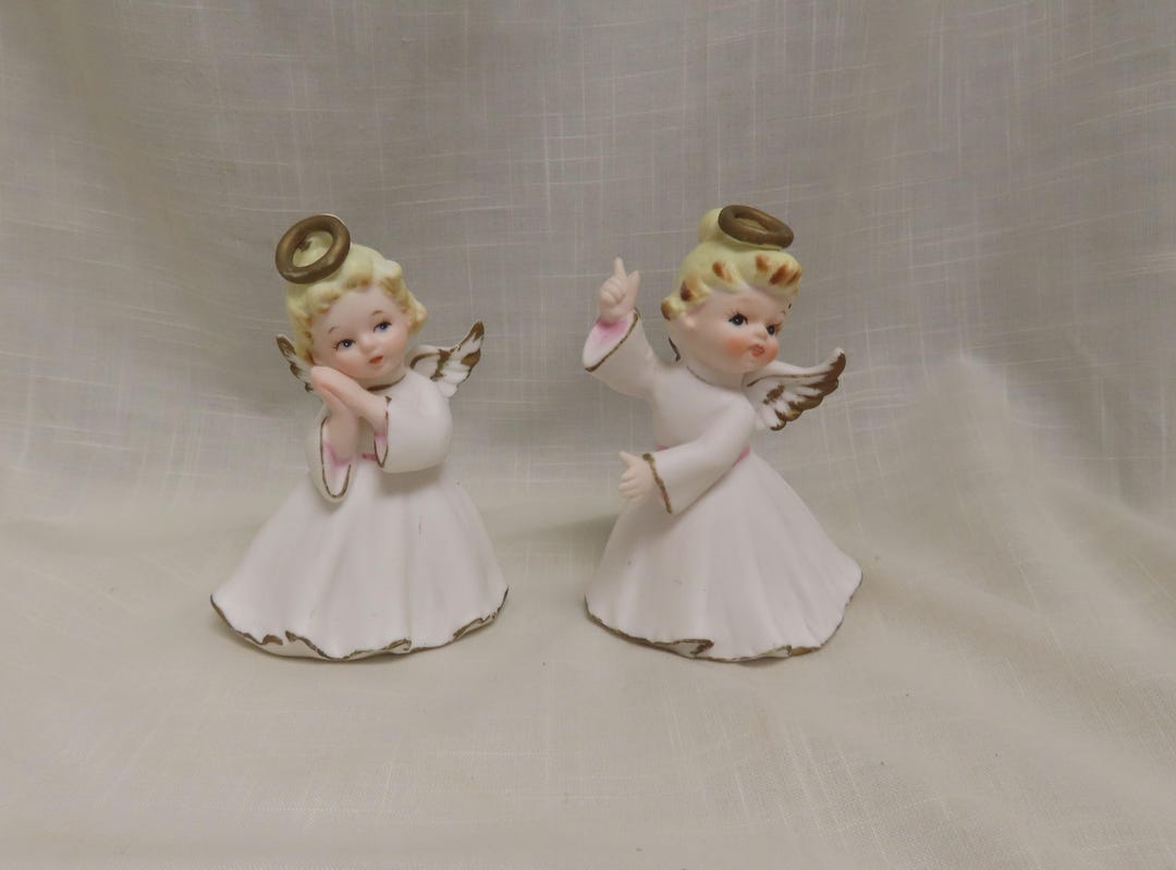Vintage Pair Lefton Angels Hand Painted Bisque Porcelain Figurines 1420 ...