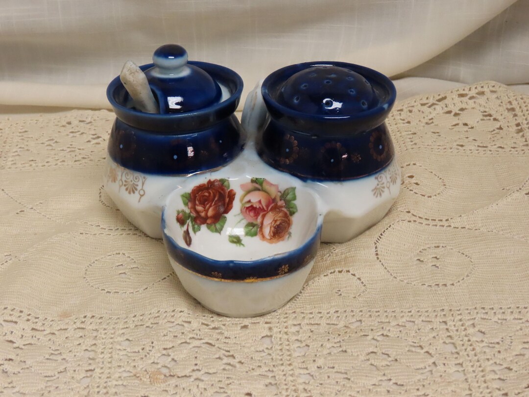 Antique Flow Blue Condiment Set With Mustard Pot Liner and Spoon ...