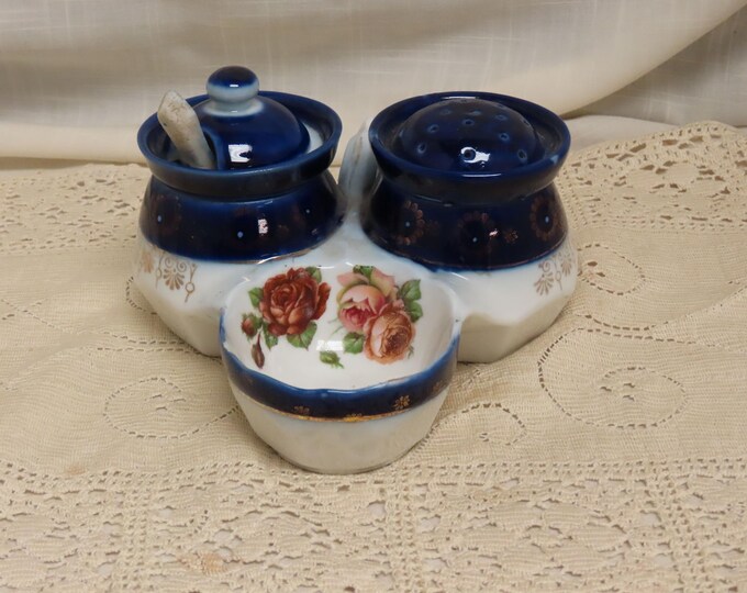 Antique Flow Blue Condiment Set With Mustard Pot Liner and Spoon ...