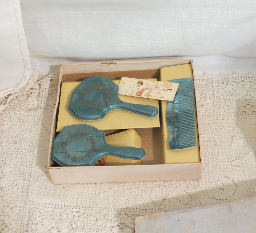 Vintage Celluloid Baby Grooming Kit in Box Comb Mirror Brush Blue ...