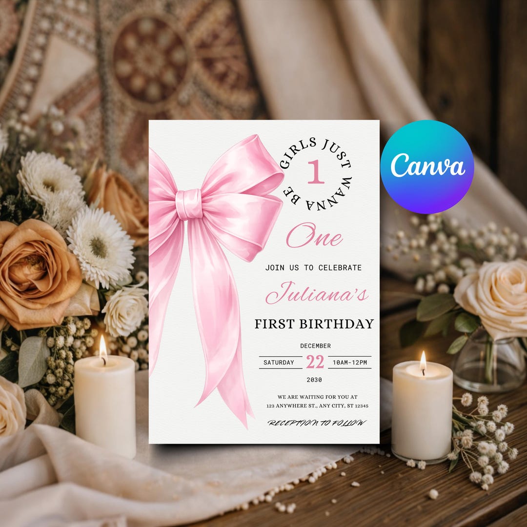 Girls Just Wanna Be One Birthday Invitation Pink Bow First Birthday ...