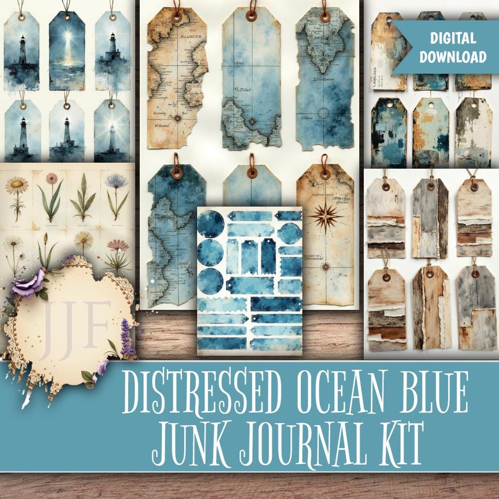 Distressed Ocean Blue Junk Journal Kit | Vintage Nautical Pages ...