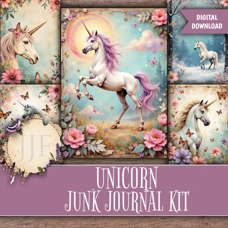 Unicorn Junk Journal Kit, Magical Printable Pages, Unicorn Ephemera ...