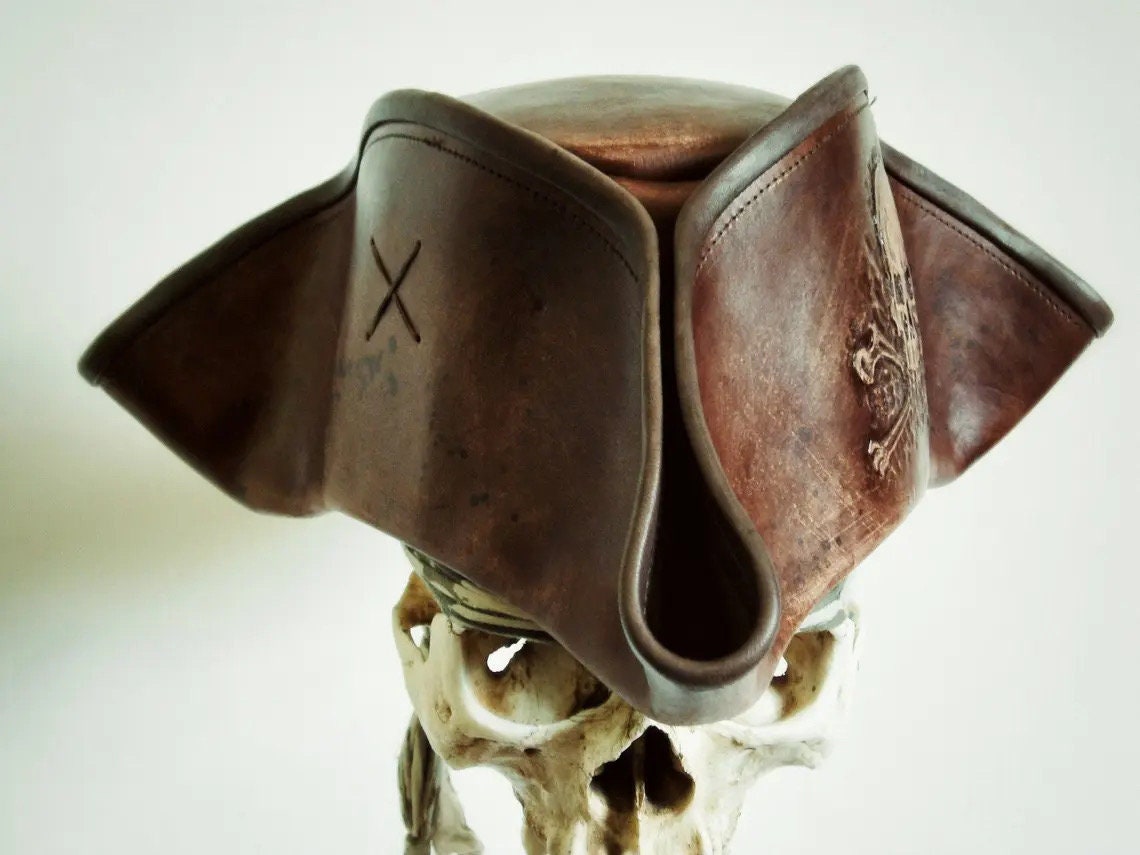 Brown Leather Tricorn Hat With SKULL N BONES Custom Sized - Etsy