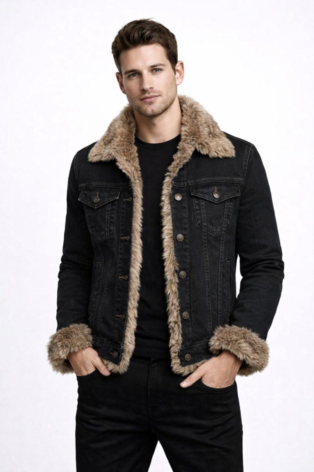 Men’s Fur Lined Denim Jacket – Winter Sherpa Collar , Warm Blue and ...