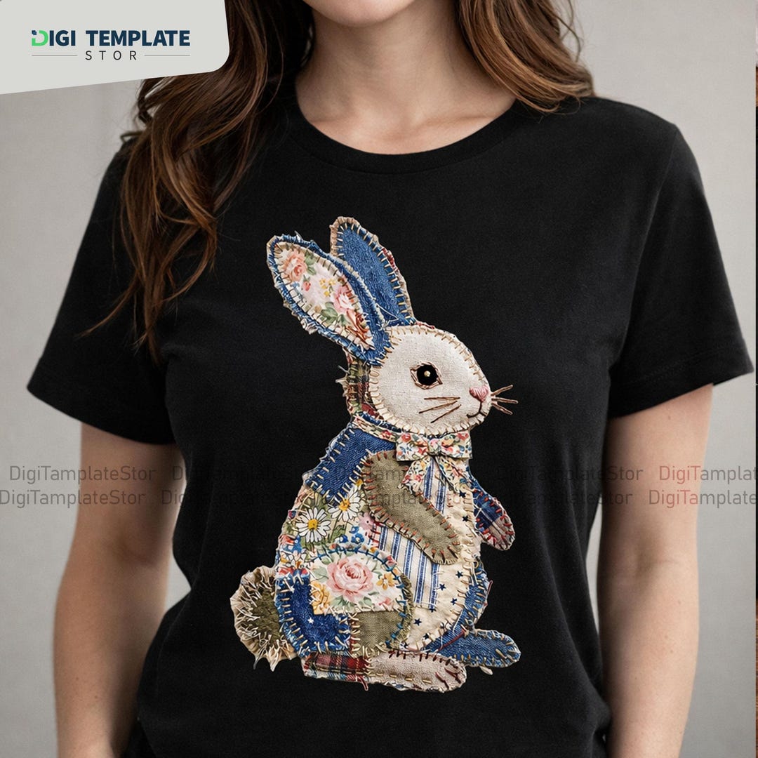 Easter Bunny Patchwork PNG - Rabbit Embroidery Style - Digital Download ...