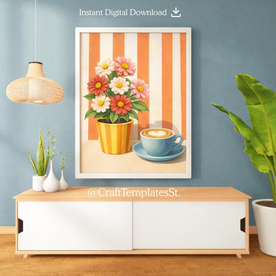 Flower Pot & Coffee Digital Wall Art – Modern Home Decor Printable ...