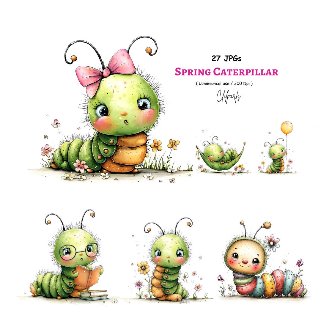 27 JPG Whimsical Spring Caterpillar Clipart, Watercolor Bug Clipart ...