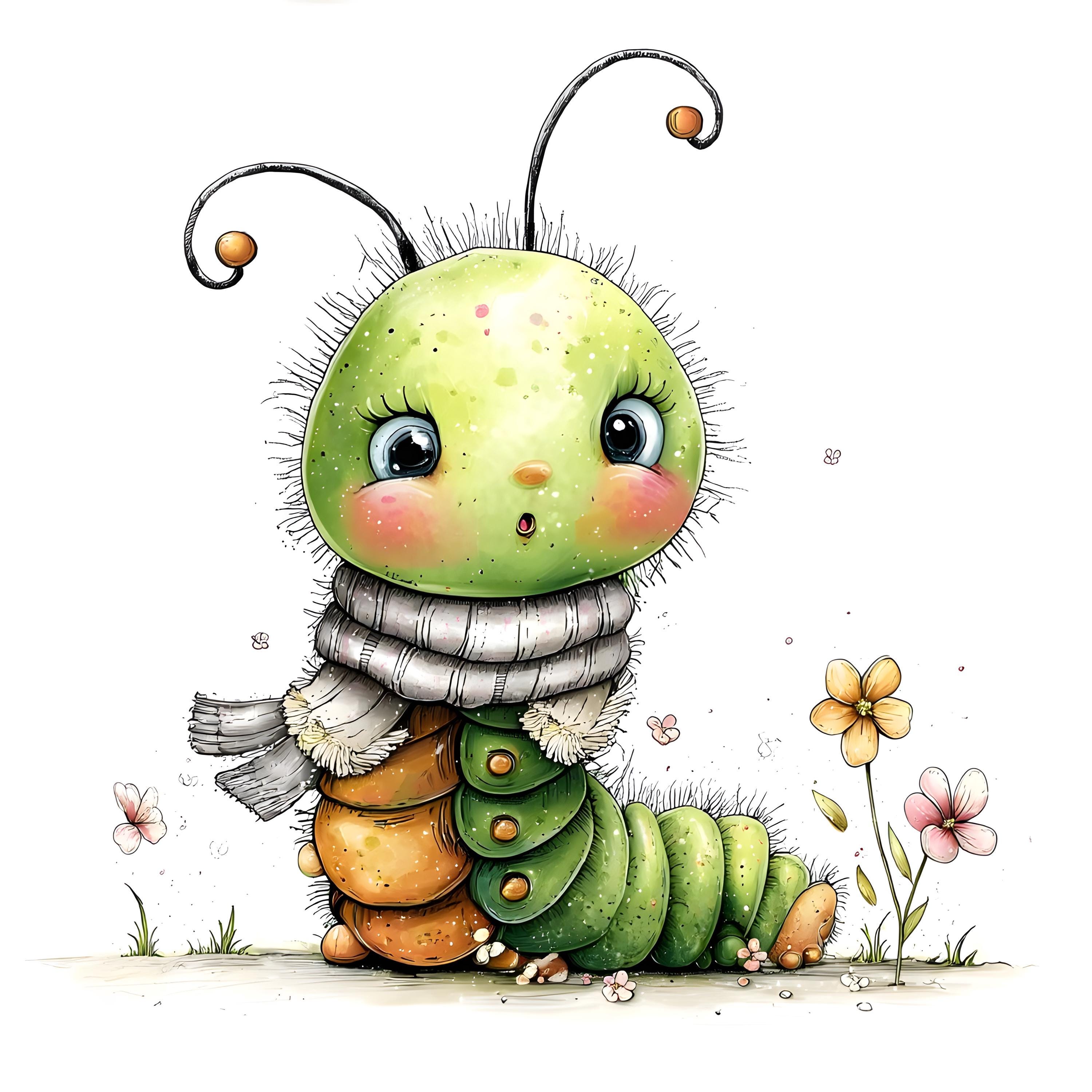 27 JPG Whimsical Spring Caterpillar Clipart, Watercolor Bug Clipart ...