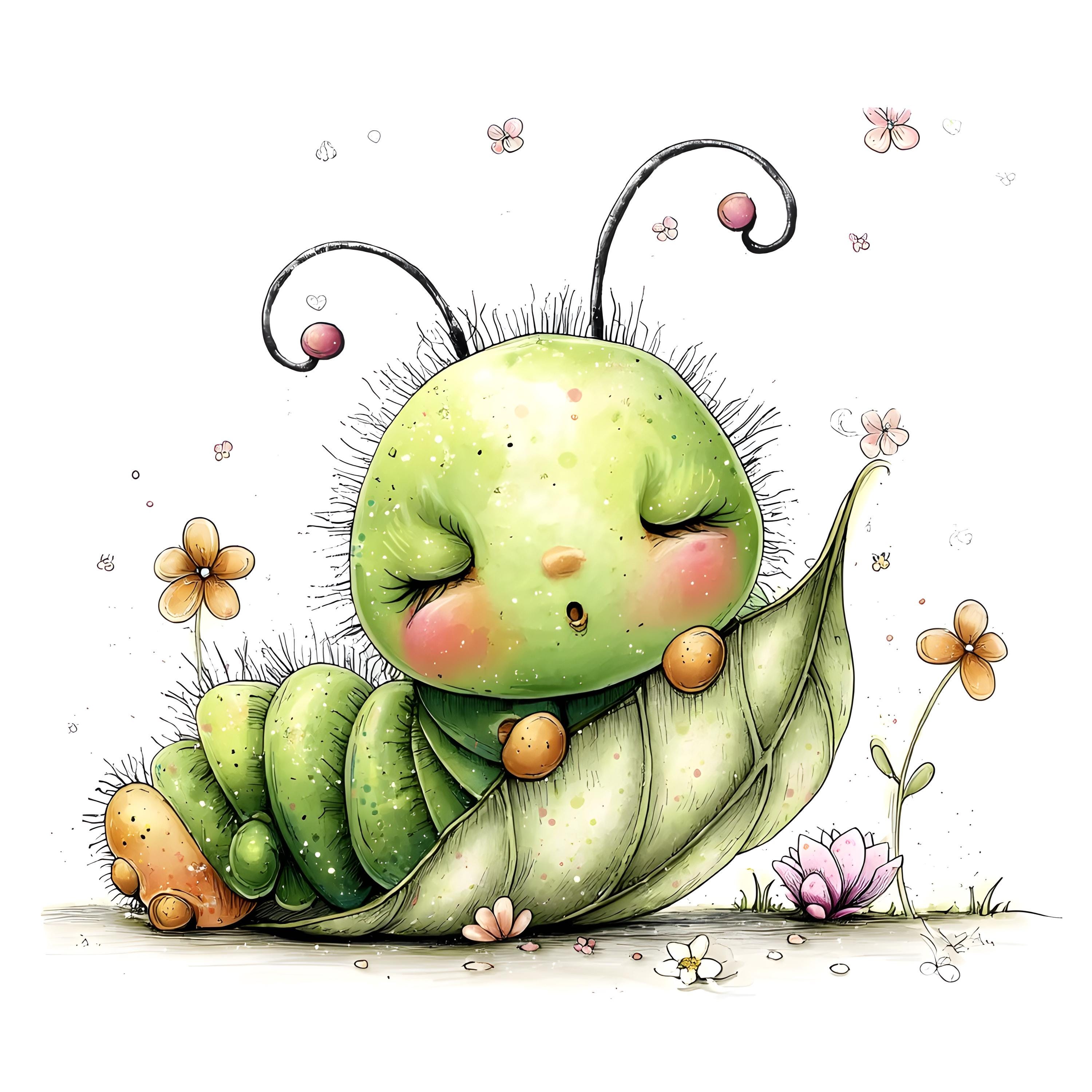 27 JPG Whimsical Spring Caterpillar Clipart, Watercolor Bug Clipart ...