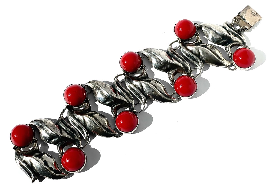 Mexican Red Stone Sterling Silver Repousse Leaf Bracelet,vintage Mexico ...