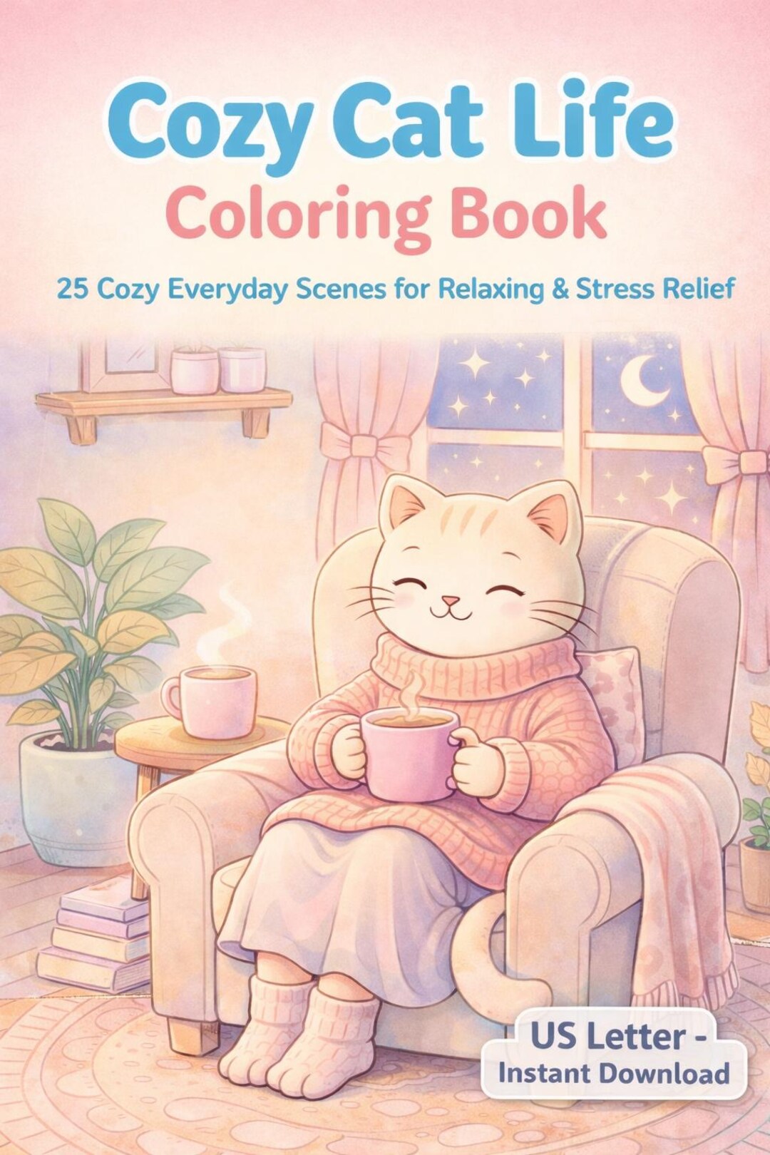25 Cozy Cat Coloring Pages, Adult Coloring Book, Relaxing Scenes - Etsy