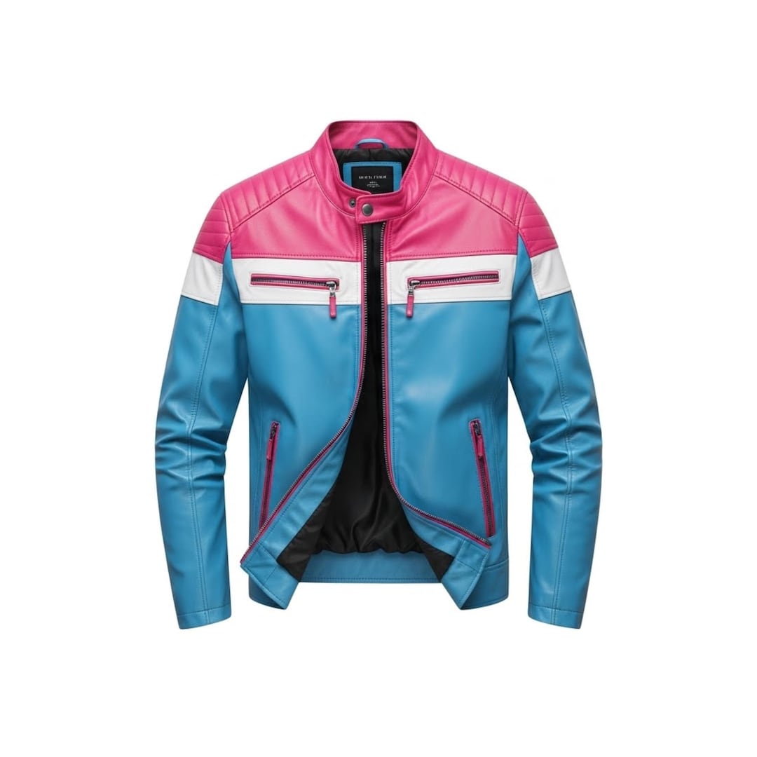 Men’s Color Block Leather Jacket Pink Blue | Premium Biker Style Zip ...
