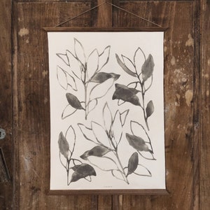 Black and White Raw Canvas Botanical Two Leaves Original Art, Wall ...