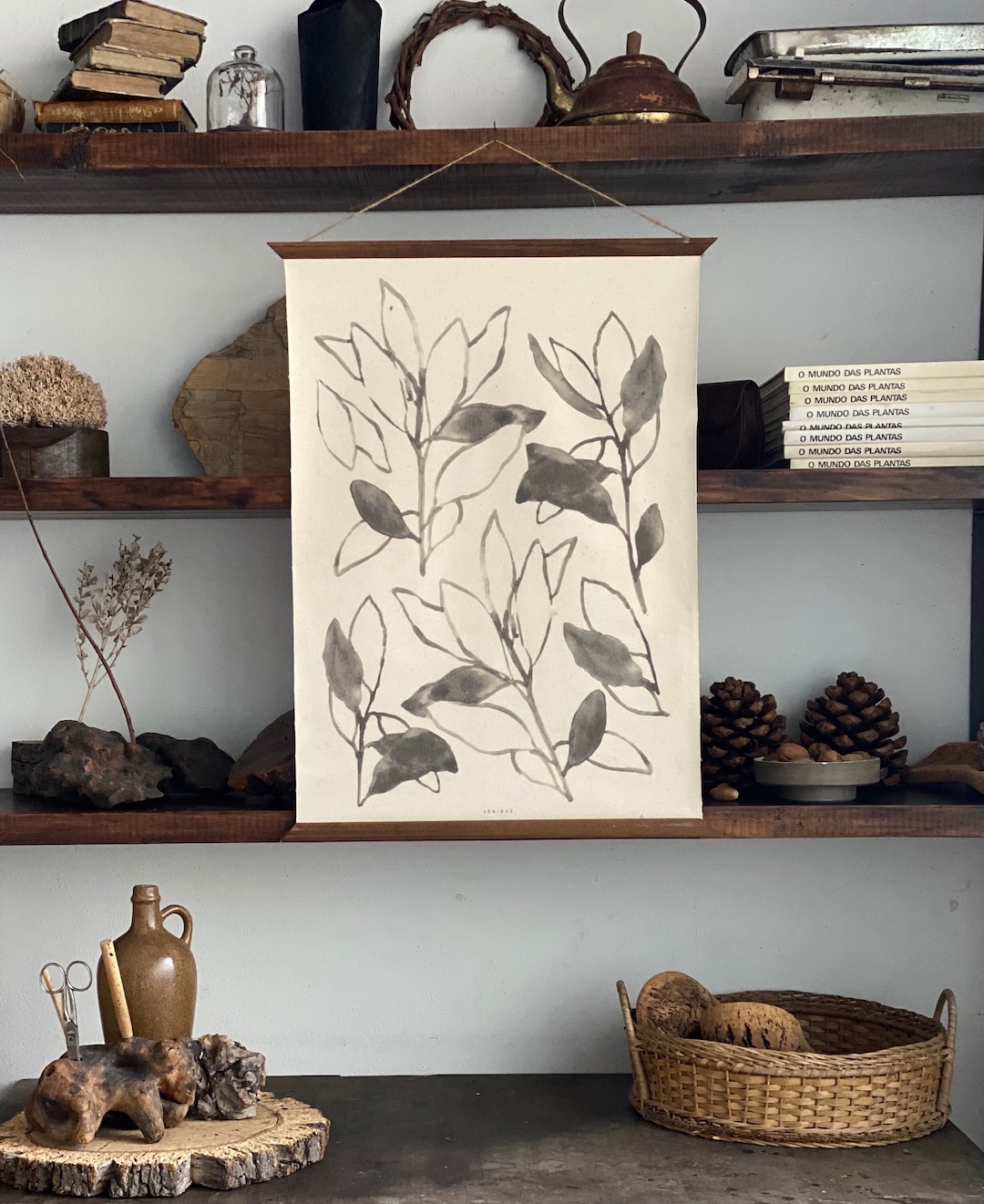 Black and White Raw Canvas Botanical Two Leaves Original Art, Wall ...