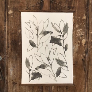 Black and White Raw Canvas Botanical Two Leaves Original Art, Wall ...