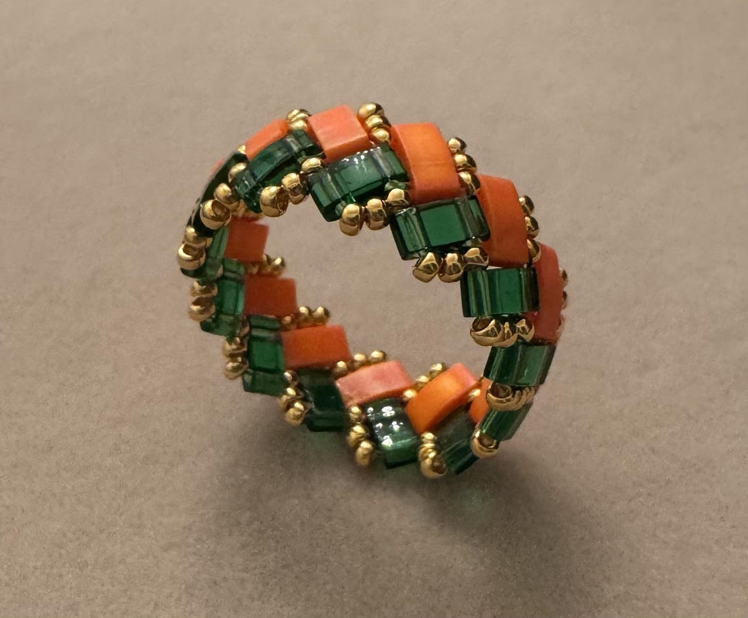 Orange-emerald Green Color Miyuki Glass Tila Ring - 2-row - Etsy
