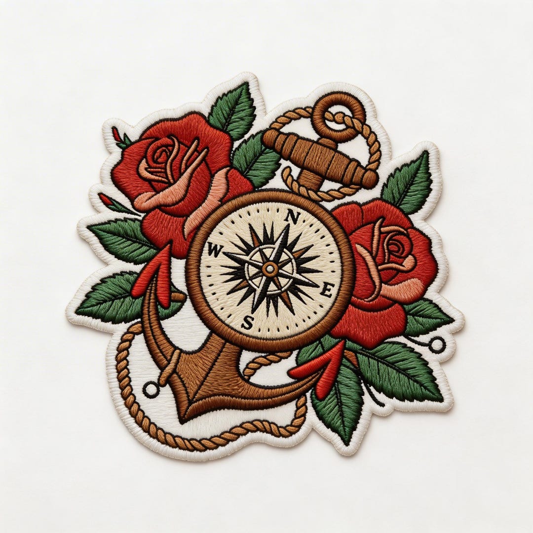 Nautical Anchor Compass Rose Embroidered Patch | Vintage Floral ...