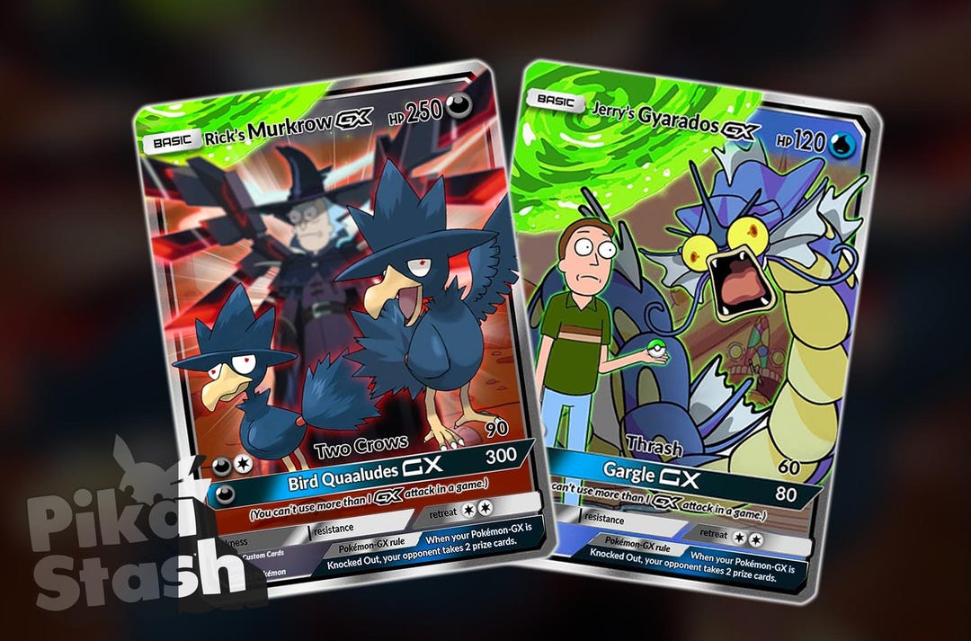 Custom Pokemon Card Rick's Murkrow & Jerry's Gyarados Gx Foil - Etsy