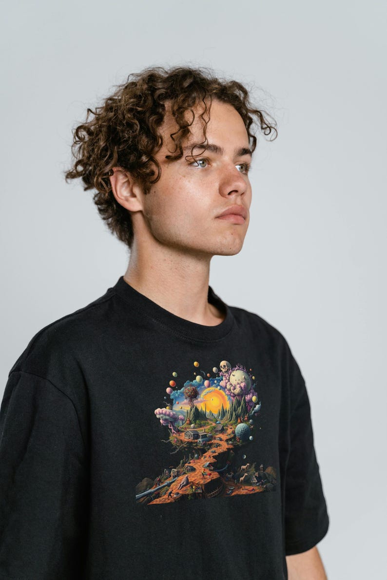 Surreal Cosmic Village Graphic Tee – Trippy Fantasy Shirt With ...