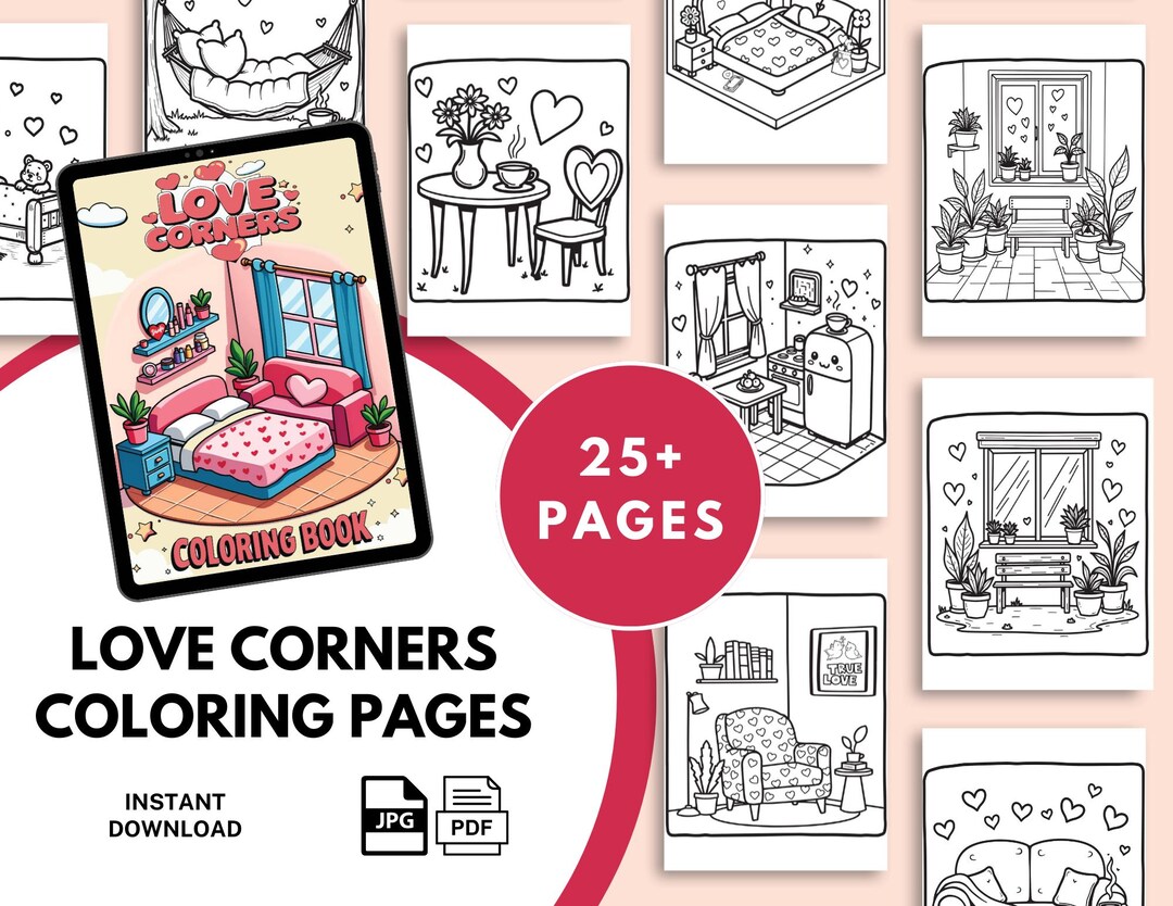 Love Corners Coloring Pages Printable, Cozy Room Coloring Book, Cute ...