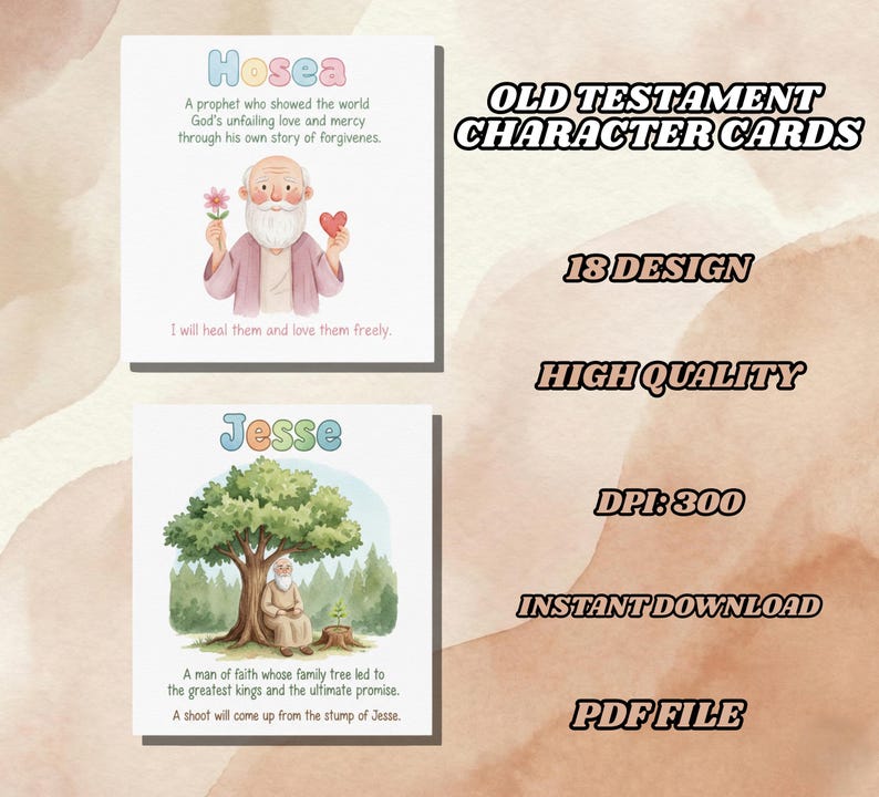 Old Testament Character Cards, Watercolor Bible Flashcards (digital ...