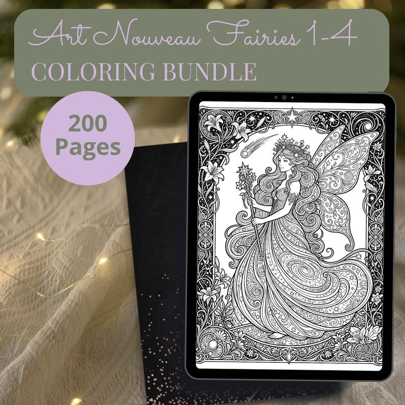 Fairy Coloring Book Bundle Books 1-4, 200 Art Nouveau Printable Adult ...
