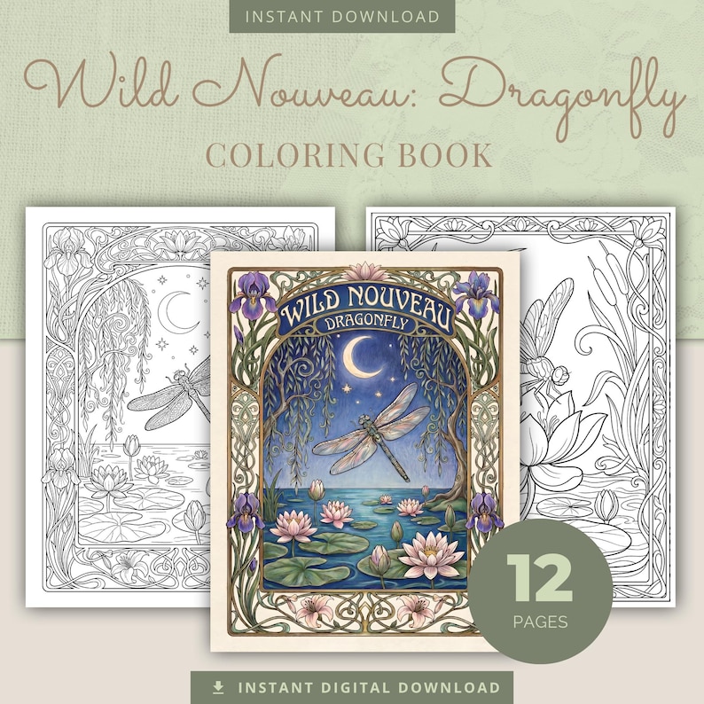 Dragonfly Coloring Book, 12 Art Nouveau Ethereal Printable Adult ...