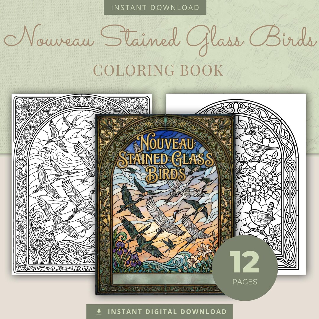 Art Nouveau Stained Glass Birds, 12 Coloring Pages (printable PDF) - Etsy