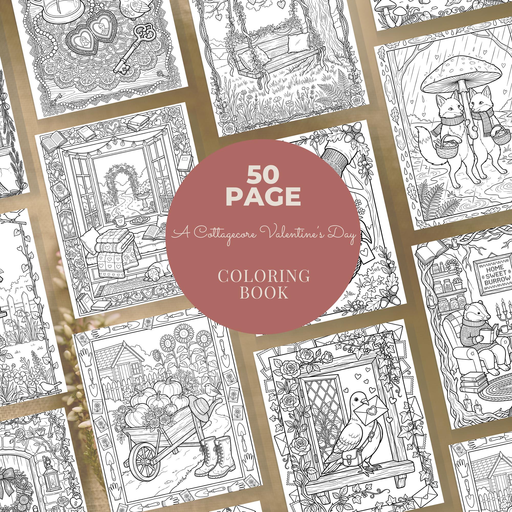 Cottagecore Valentine Coloring Book, 50 Rustic Romance Printable Adult ...